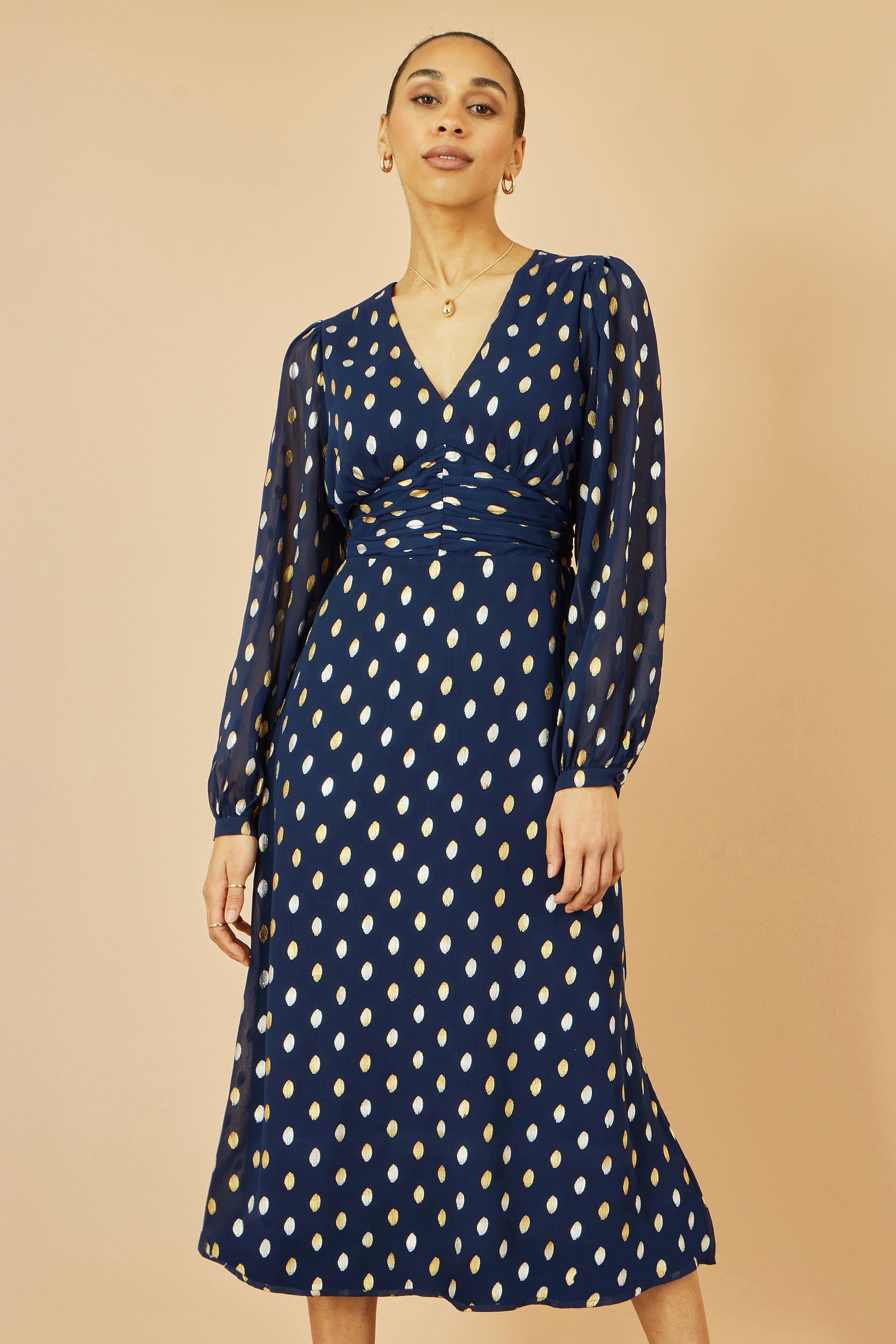 Yumi Navy Foil Print Midi Dress – Kaftans direct
